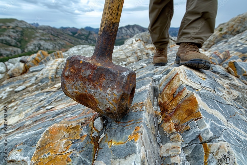Geologist uses rock hammer to study geological formations in a rugged ...