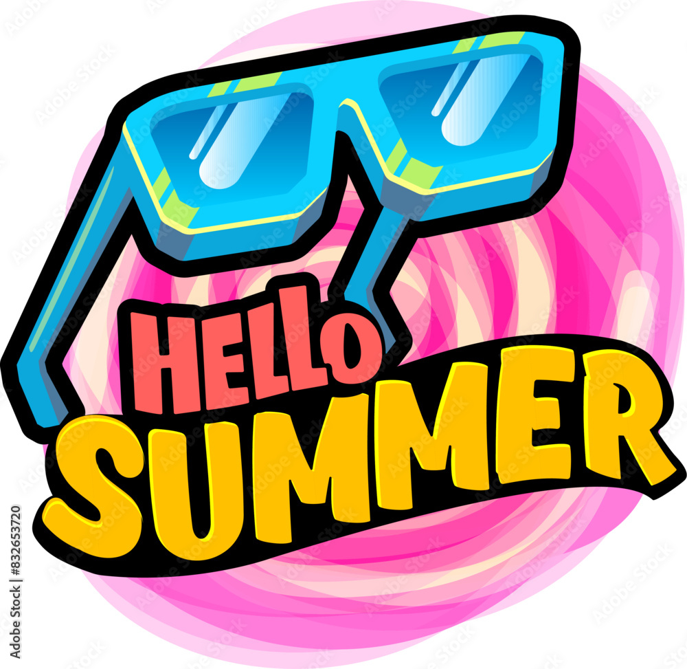 Groovy Hello summer vector logo with text and vintage retro blue ...