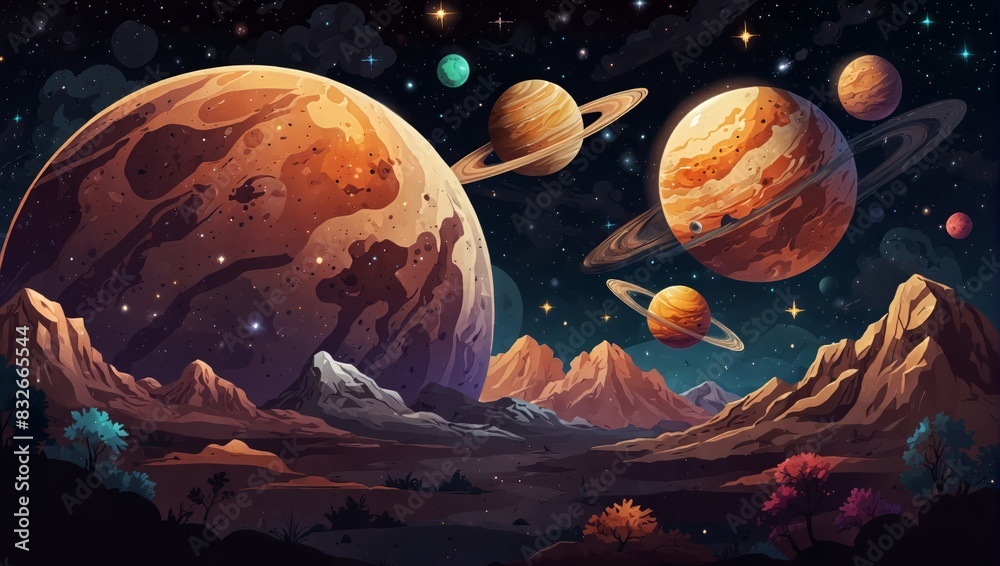 Game scene background, Cosmos cartoon background, planets, stars and ...