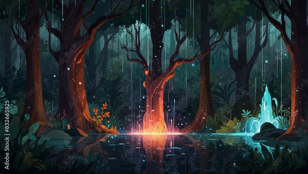 Fantasy forest with magical fountains, CG illustration, cartoon style ...