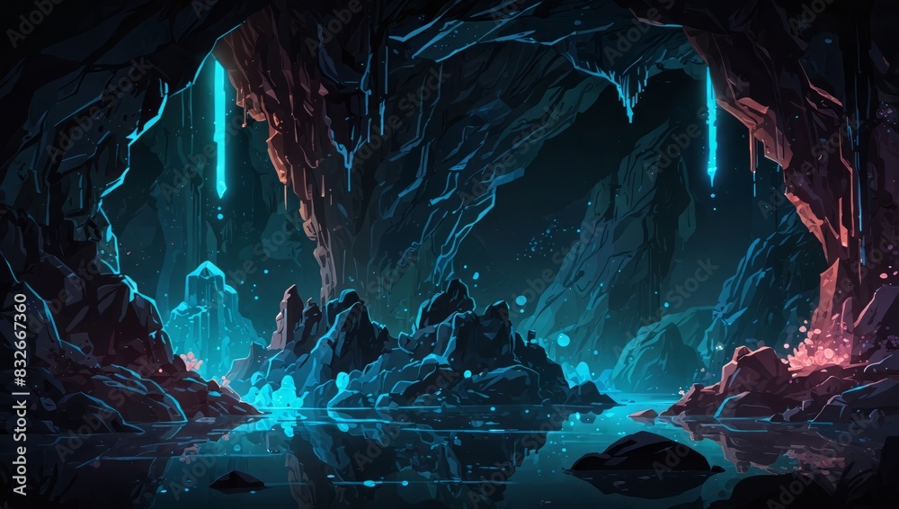 Enchanted bioluminescent cave with blue crystals and glowing rocks ...
