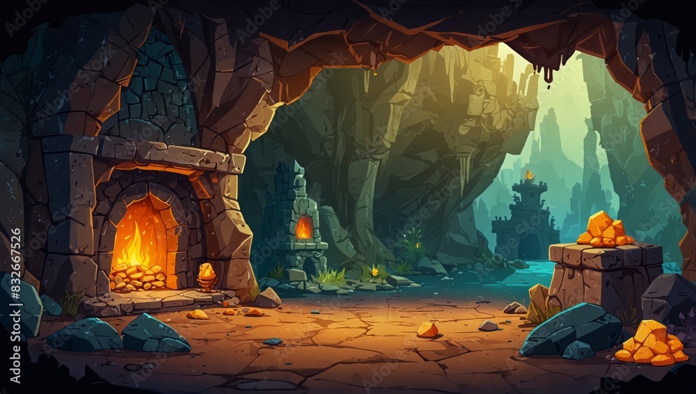 Dragon's lair level background asset, caves and treasures, platformer ...