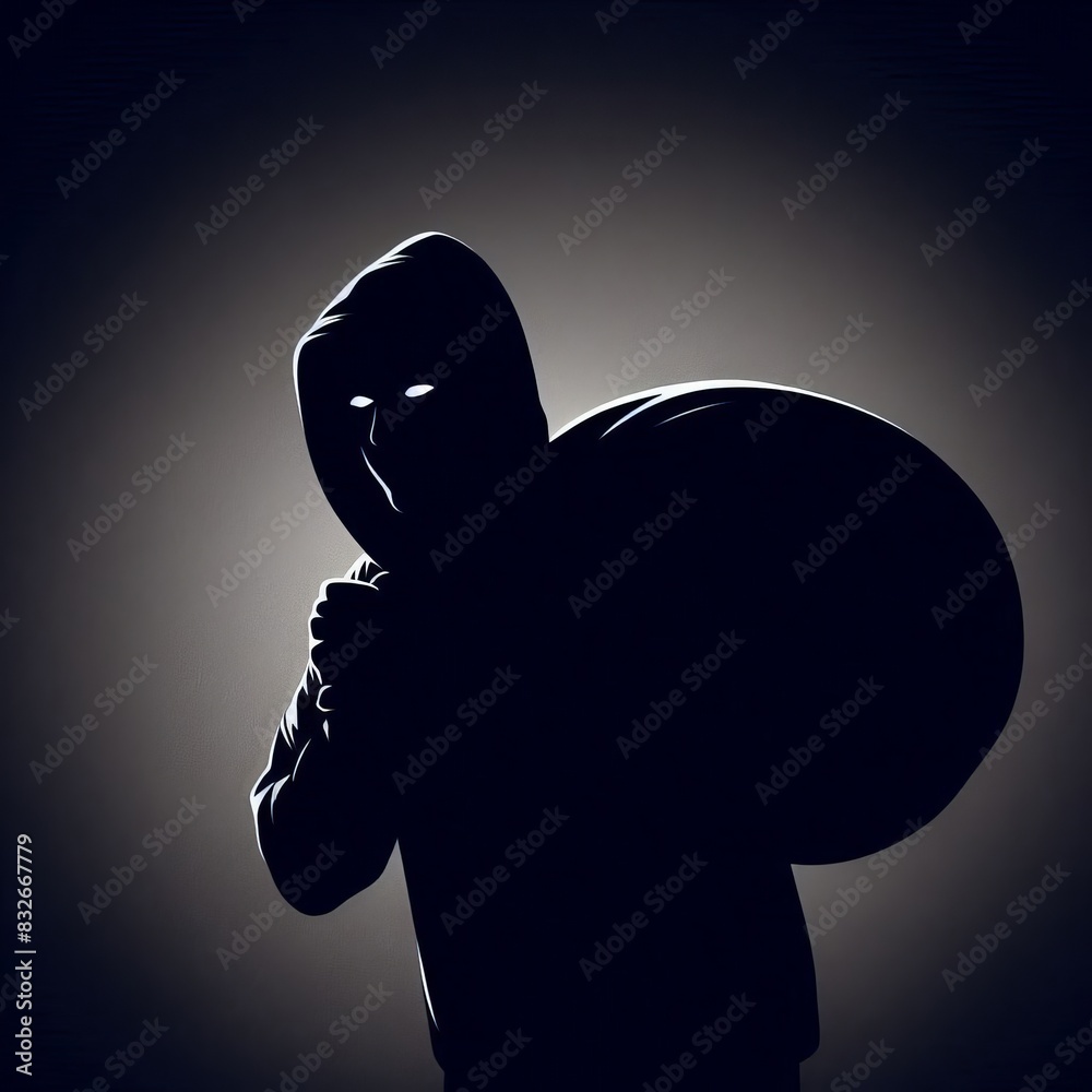 the silhouette of a thief, a sneaky posture and carrying a sack over ...