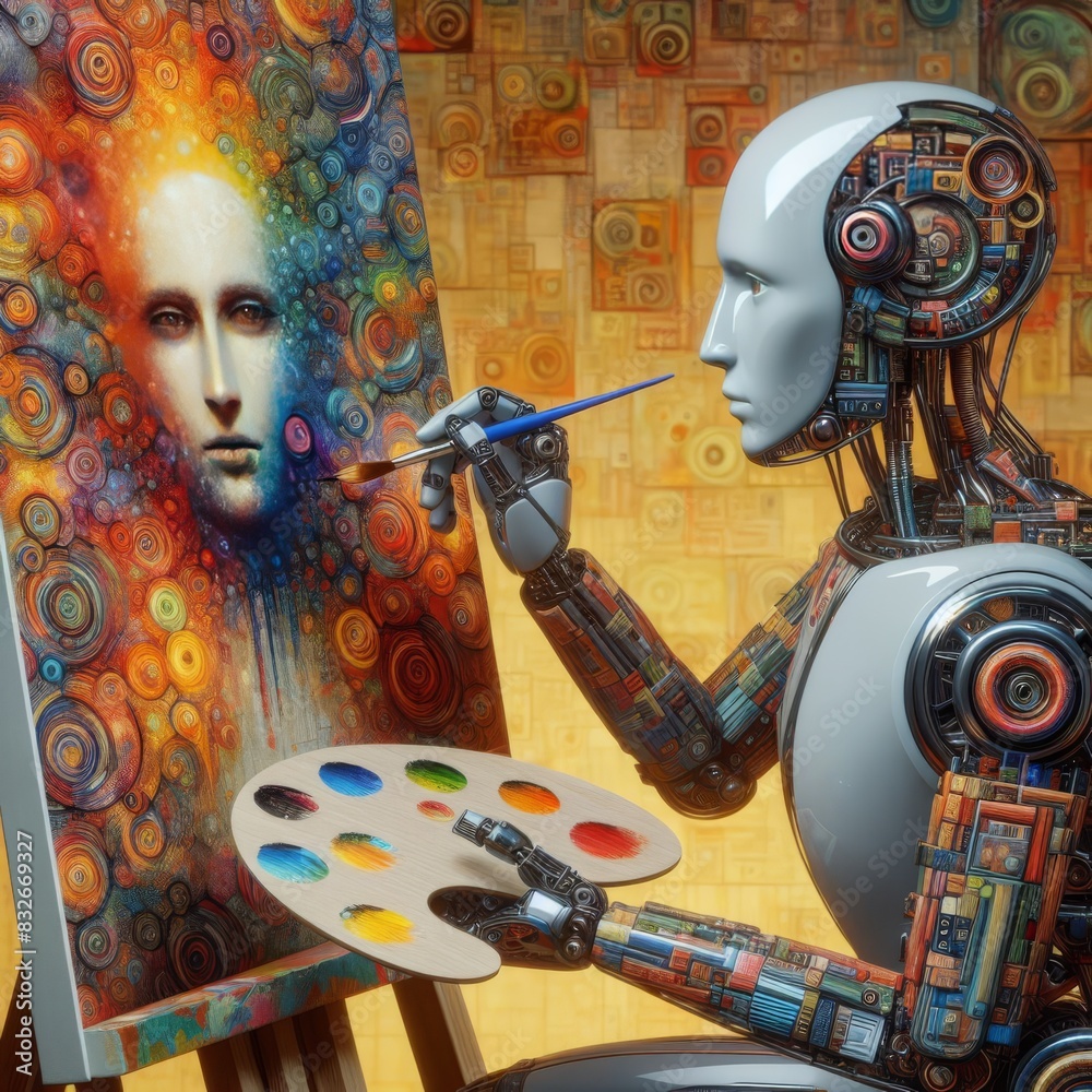 An advanced robot is engrossed in painting a surreal portrait with ...