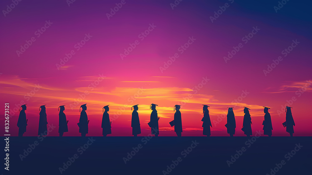 Silhouettes of students with graduate caps in a row on panoramic sunset ...