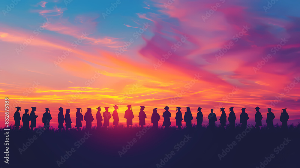 ภาพประกอบสต็อก Silhouettes of students with graduate caps in a row on ...