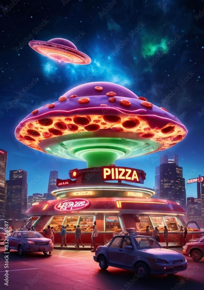 Alien spacecraft land atop a terrestrial cityscape, docked to Pizza ...