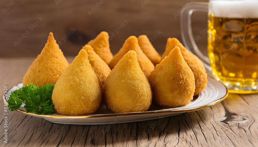 Chicken drumstick decorated served with a cold beer. Brazilian fried ...