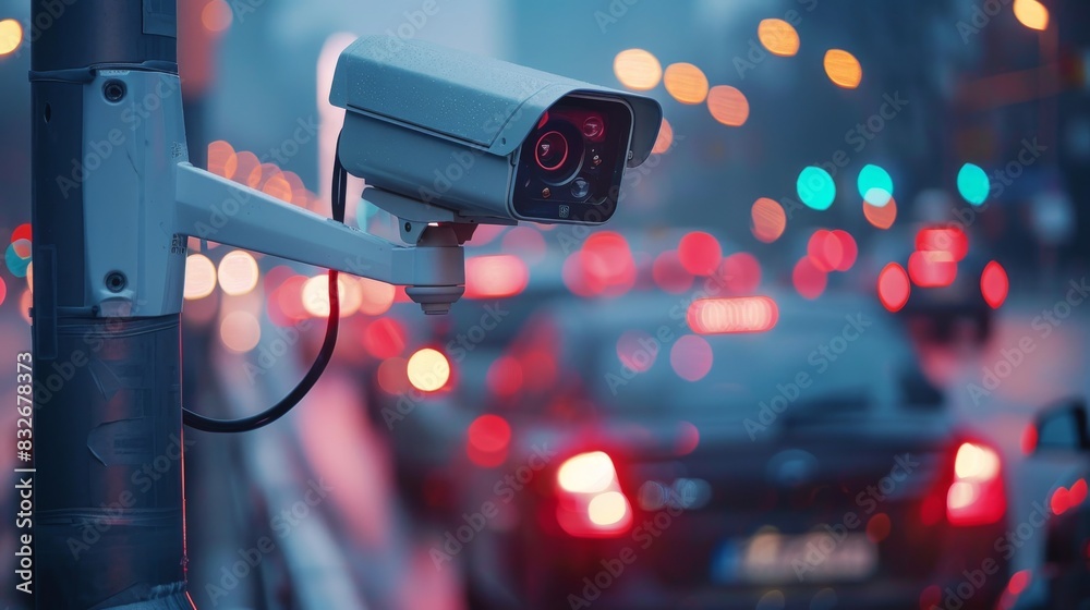 Speed camera on the street with cars and traffic lights in a blurred ...