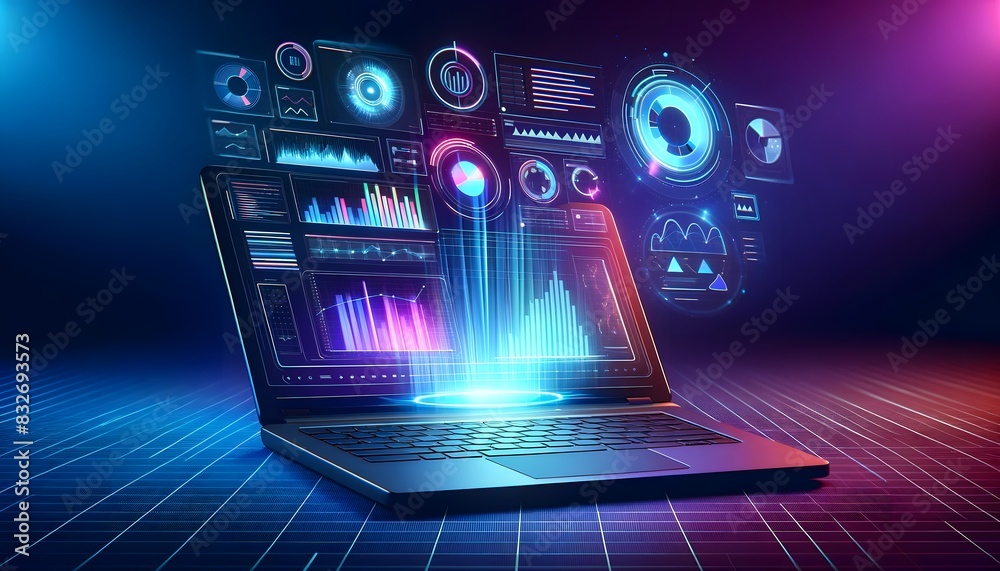 High-Tech Laptop Displaying Advanced Data Visualizations and Holographic Projections in a ...