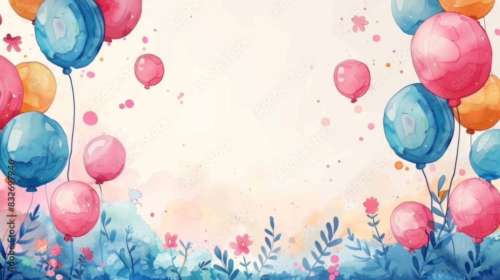 birthday banner. frame of watercolor balloons, symbols of birthday ...