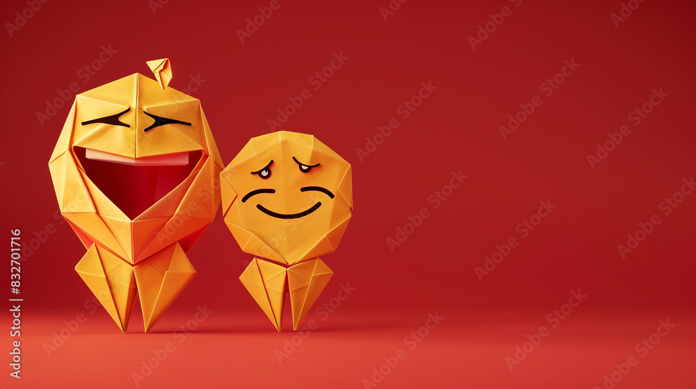 A 3D depiction of a laughing emoji and a sad emoji as intricate origami ...