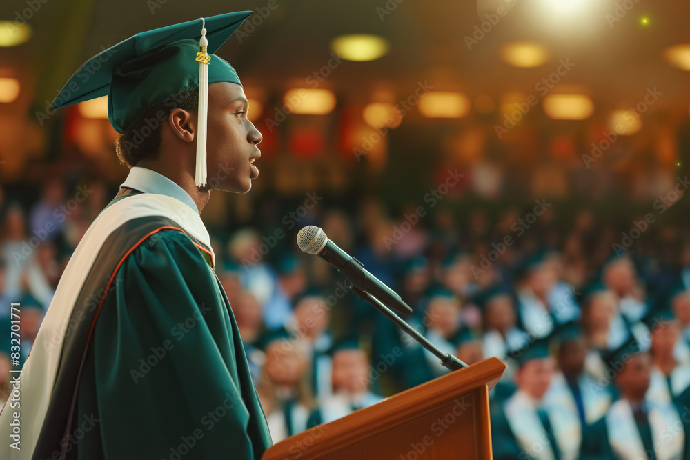 Graduate student wearing mortarboard gives a commencement speech to the ...