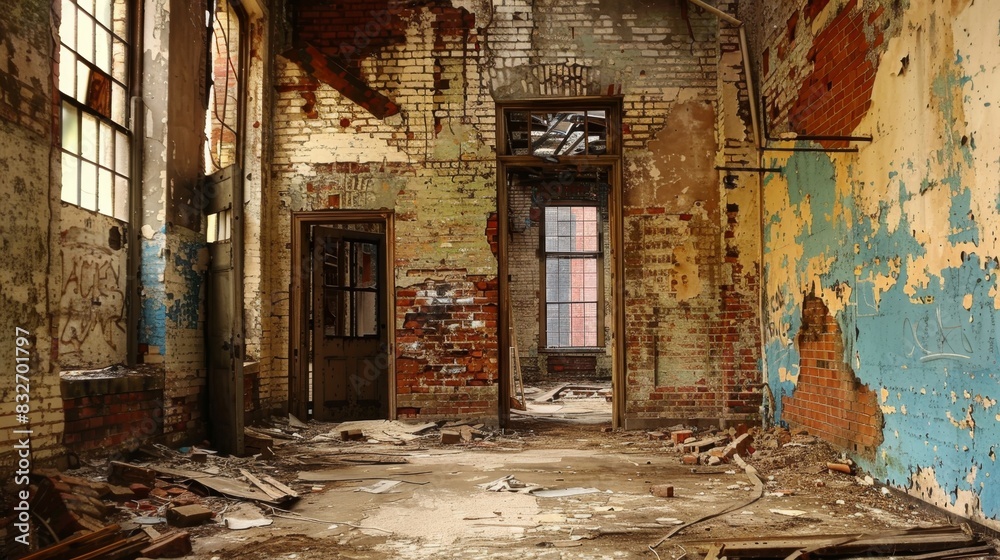 Interior of abandoned rustic building with peeling paint and crumbling ...