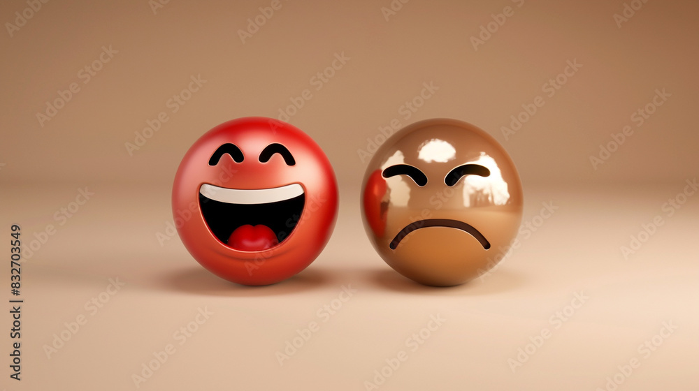 A photorealistic 3D of a pastel red laughing emoji next to a bronze sad ...