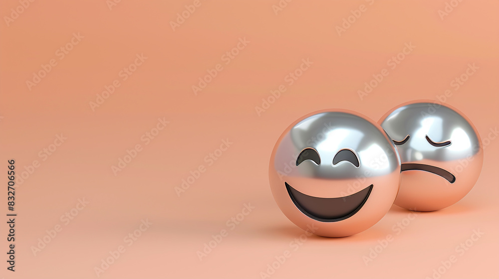 A photorealistic 3D of a titanium laughing emoji next to a pewter sad ...