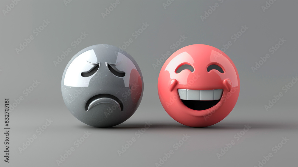 A photorealistic 3D of a pastel red laughing emoji next to a hematite ...