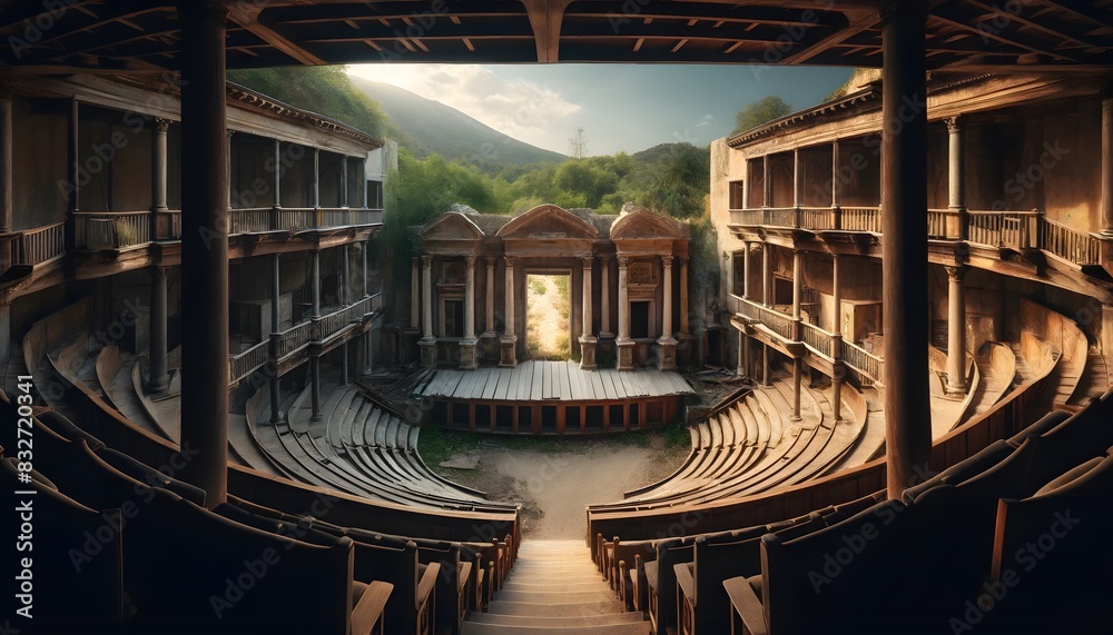 An ancient theatre with stone seats and a partially ruined stage ...