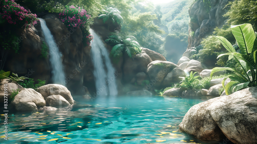 Angle view of very large mountain with big round rocks and lush foliage ...