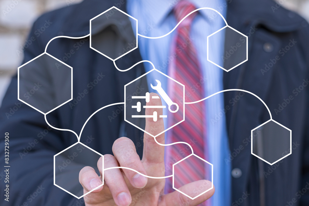 Business man using empty virtual touch screen presses icon: wrench with ...