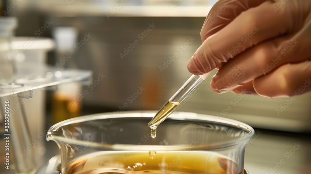 lab worker using a glass pipette to extract a sample from a layered ...