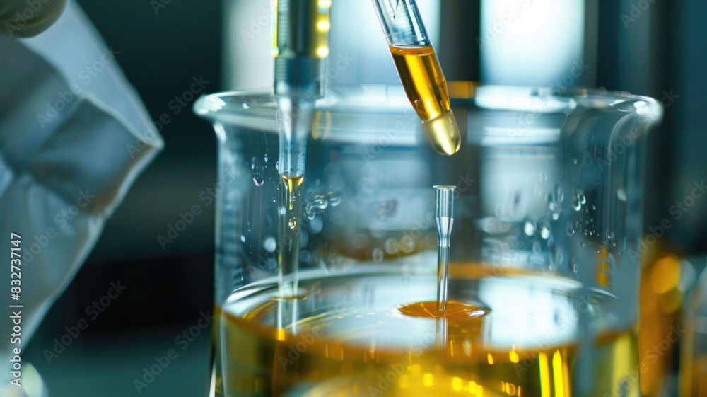 lab worker using a glass pipette to extract a sample from a layered ...