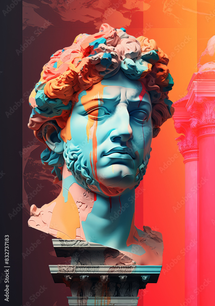 Poster of a statue head and geometric shapes, in the style of hyper ...