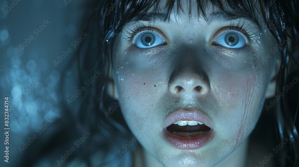 Film of scared teen watching horror film. Portrait of scared girl in ...