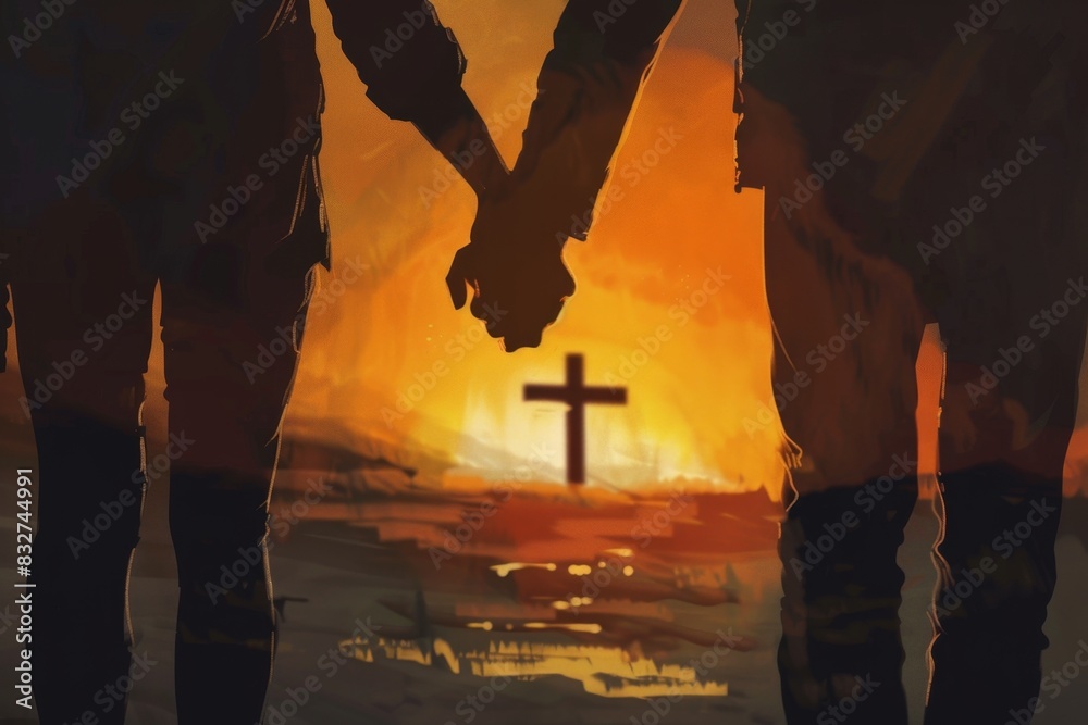 Hand in hand, two people holding the cross together with their hands ...