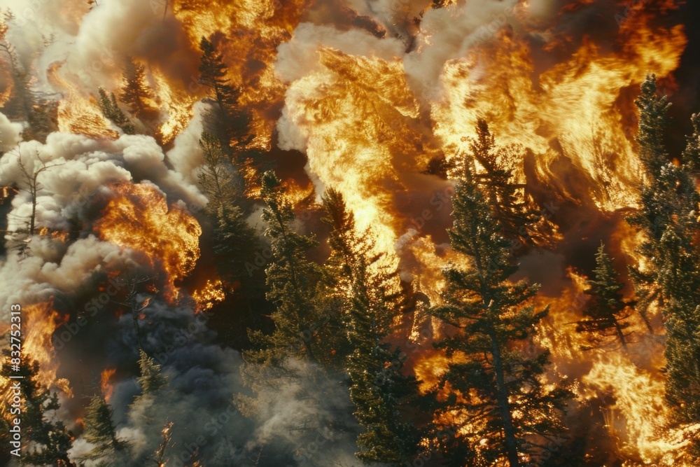 Wildforest fire burning forest trees eecological disaster smoke aerial ...