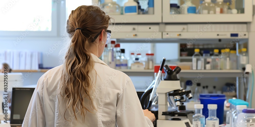 Researcher in the lab, back view, performing a titration experiment ...