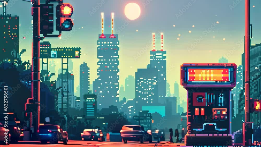 Pixel art depiction of a city at night with illuminated buildings ...