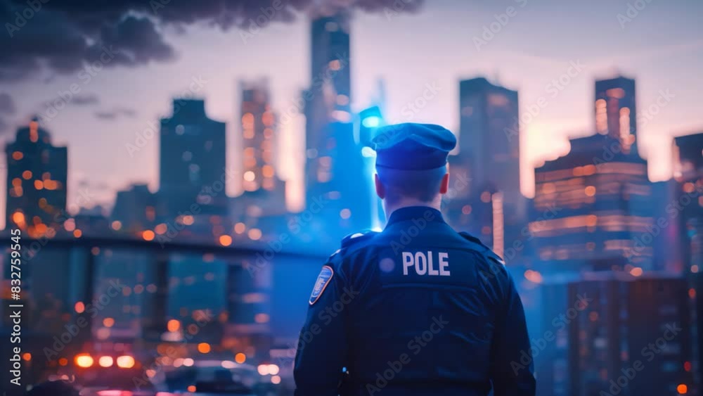 A police officer standing tall in uniform, with a backdrop of a ...
