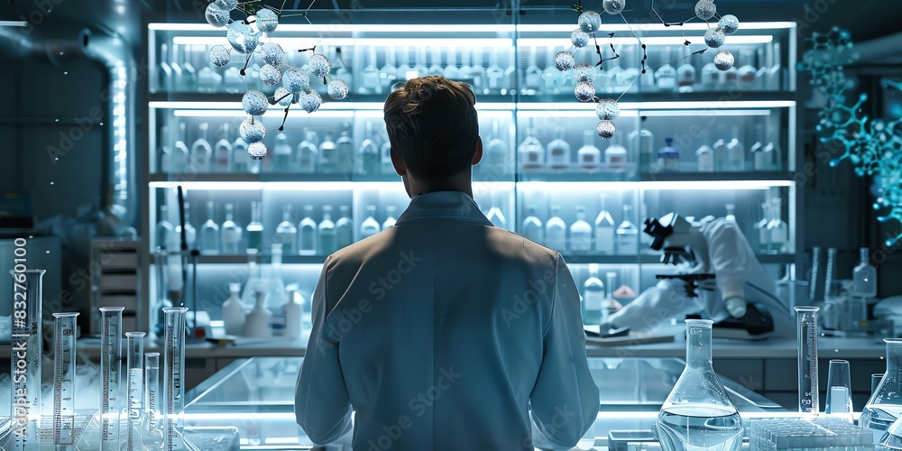 Scientist in the lab, back view, observing molecular interactions ...