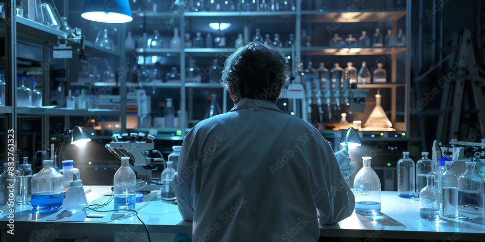 Scientist in the lab, back view, conducting research with electronic ...