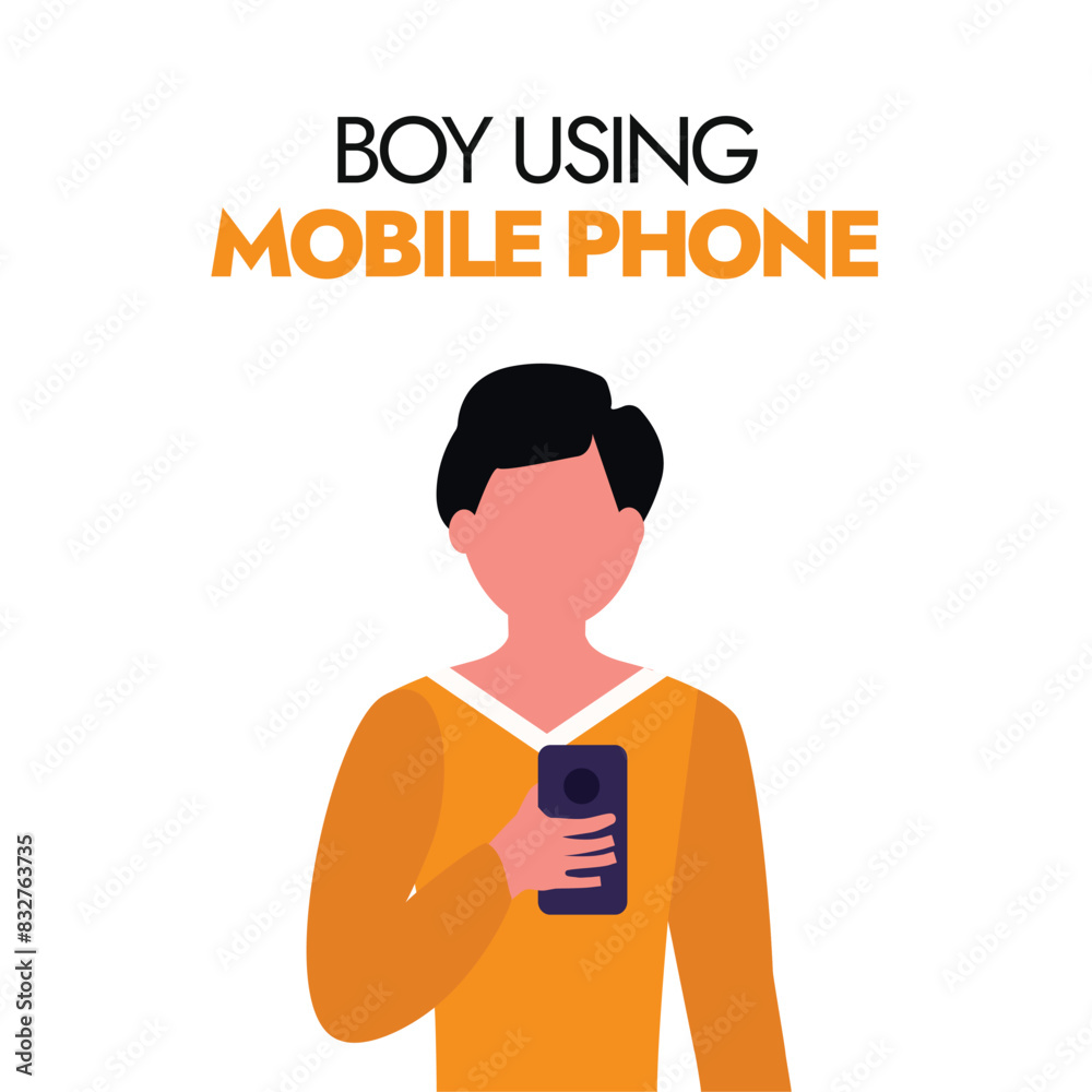 Boy using phone character with plain white background. A young boy ...