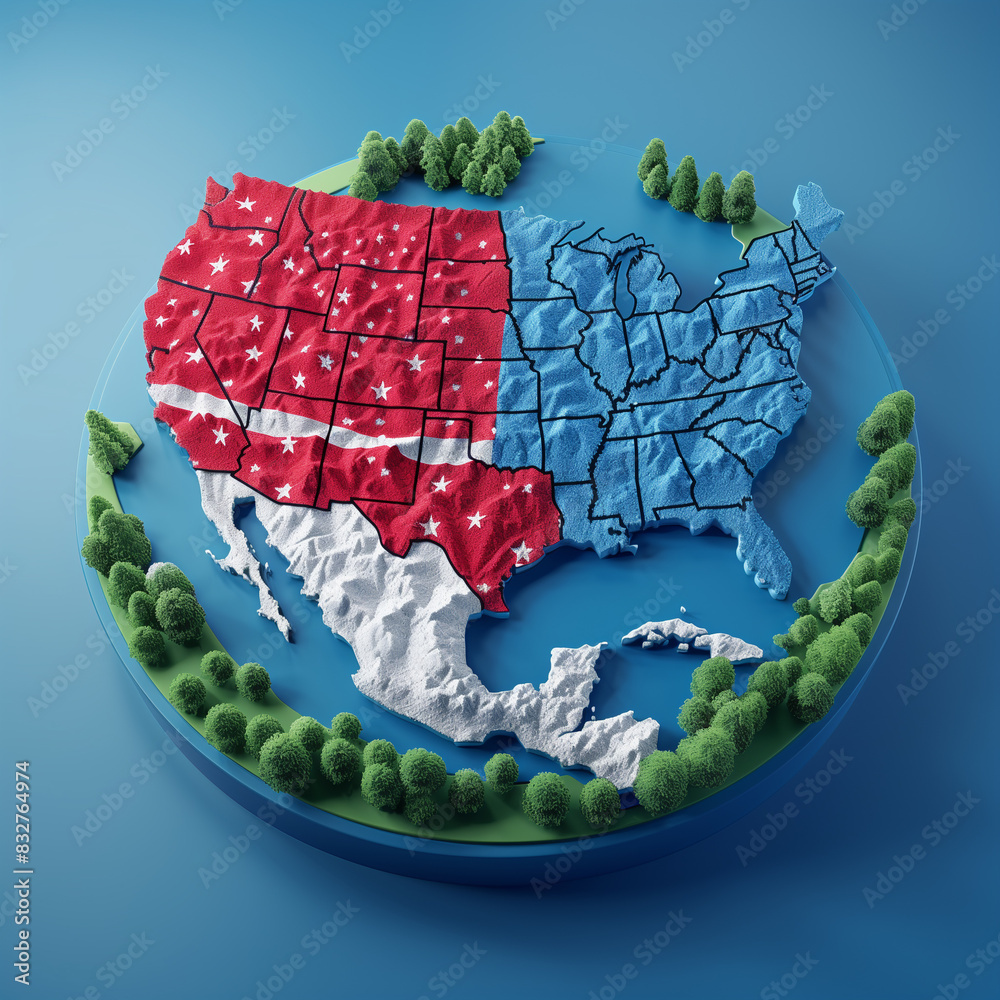 A 3D simplified political map of the United States of America Stock ...