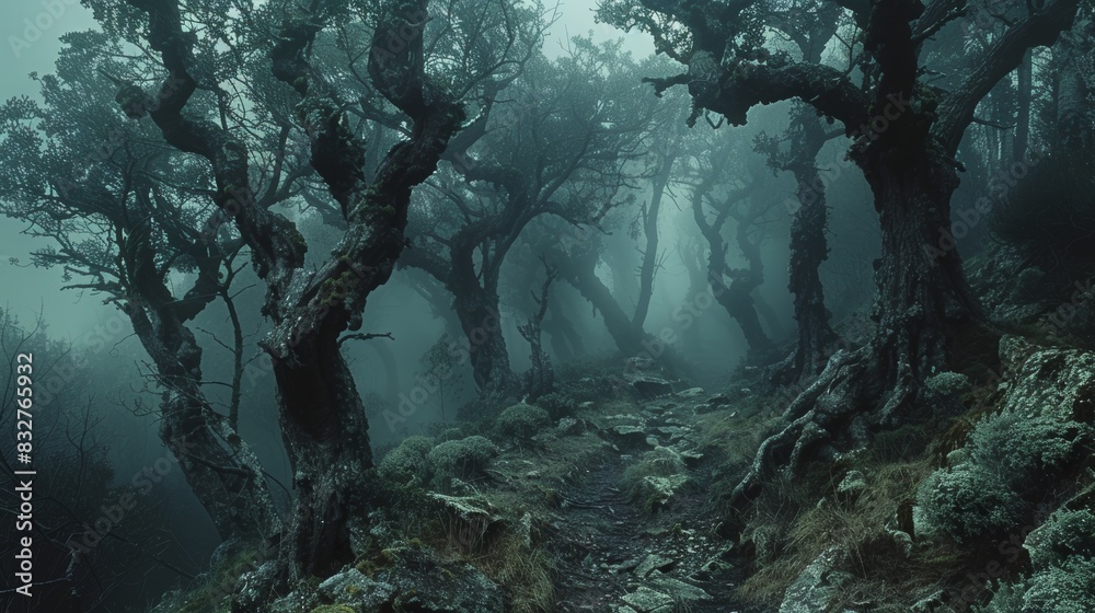 Dark haunted forest path with fog, crooked trees in misty fairy tale woods at night. Horror ...