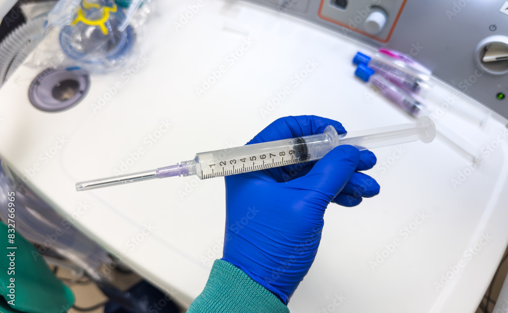 medical syringes with anesthetic drugs - propofol, midazolam, fentanyl ...