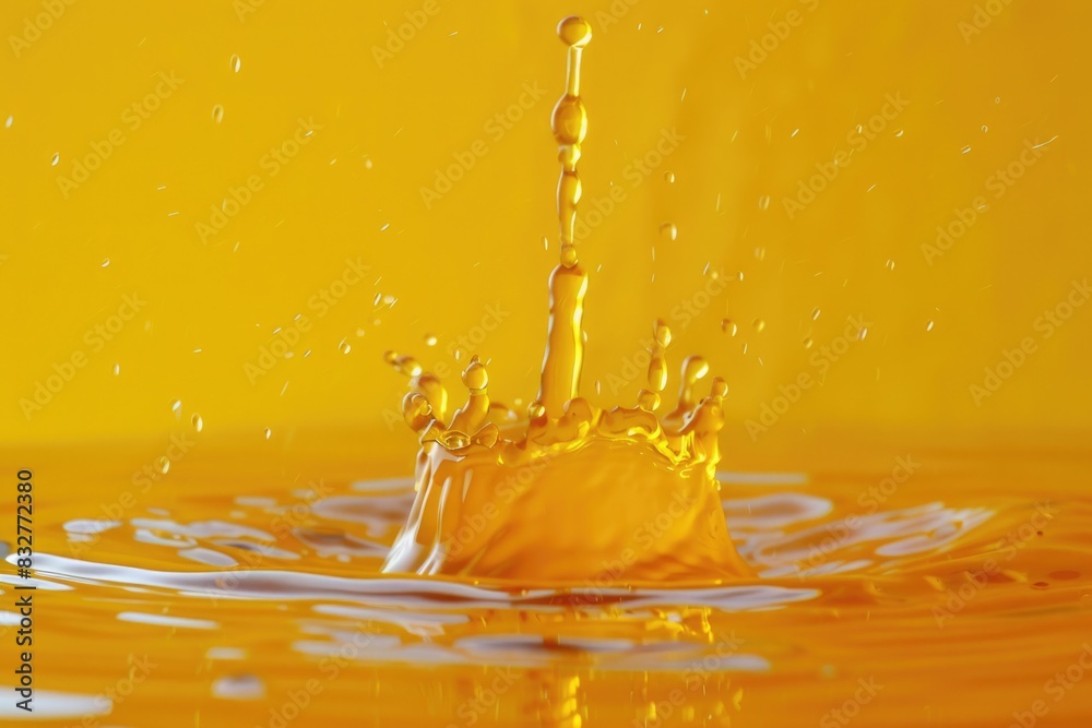 Yellow Water Splash. Dripped Liquid Droplet in Golden Speed Freeze ...