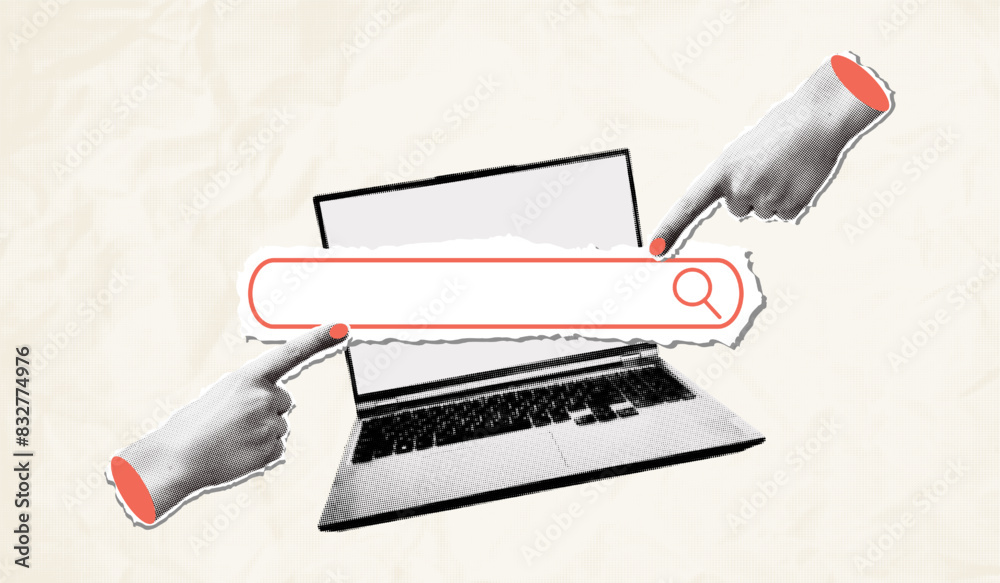 Trendy pop art collage search concept. Halftone laptop computer with ...