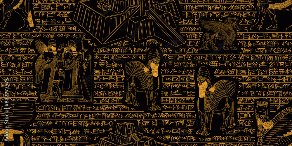 Beautiful golden sumerian and asyrian seamless pattern over black ...