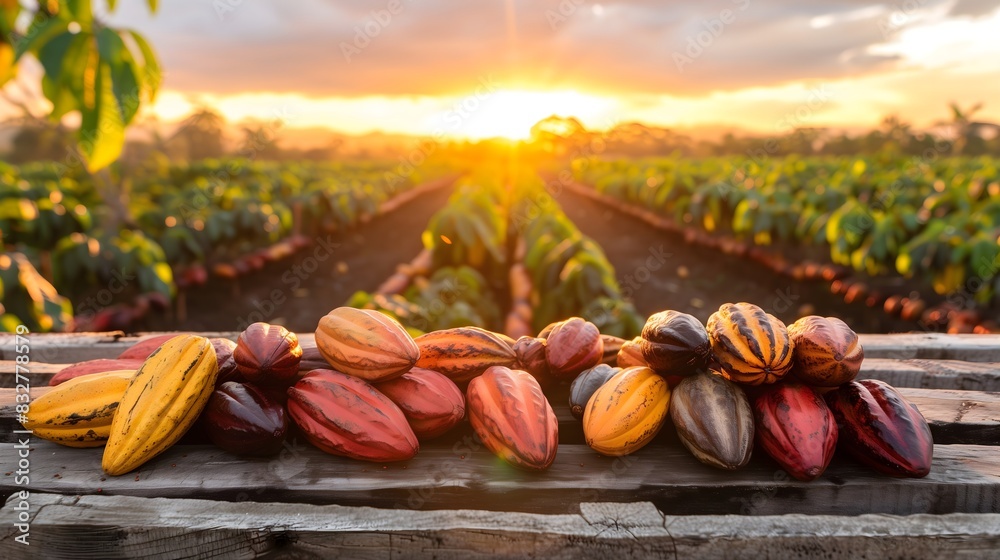 Cacao pods from the plant and trees in a cultivation field for ...