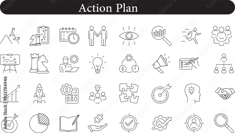 Action plan icon set. Containing planning, schedule, strategy, analysis ...