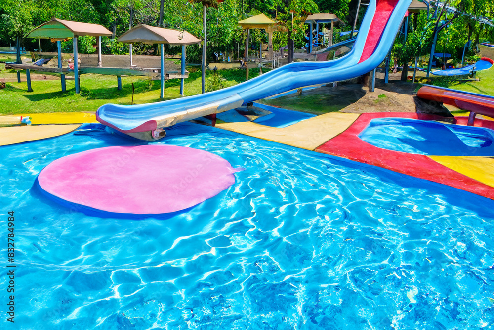 Water slides. Waterpark. Water park with water play areas, swimming ...