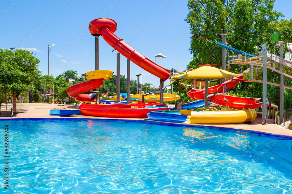 Water slides. Waterpark. Water park with water play areas, swimming ...