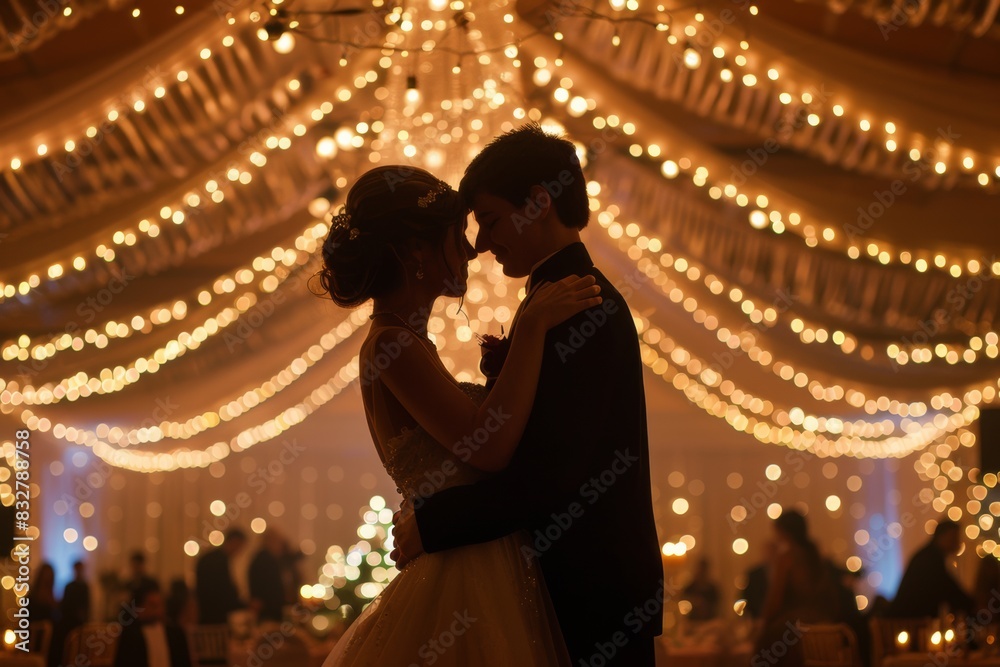 Young couple guy and girl dancing at prom ball party night. Romantic ...