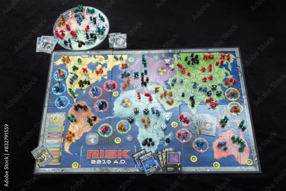 Full risk 2210 a.d. board game map with lunar mal pawns and dice with ...