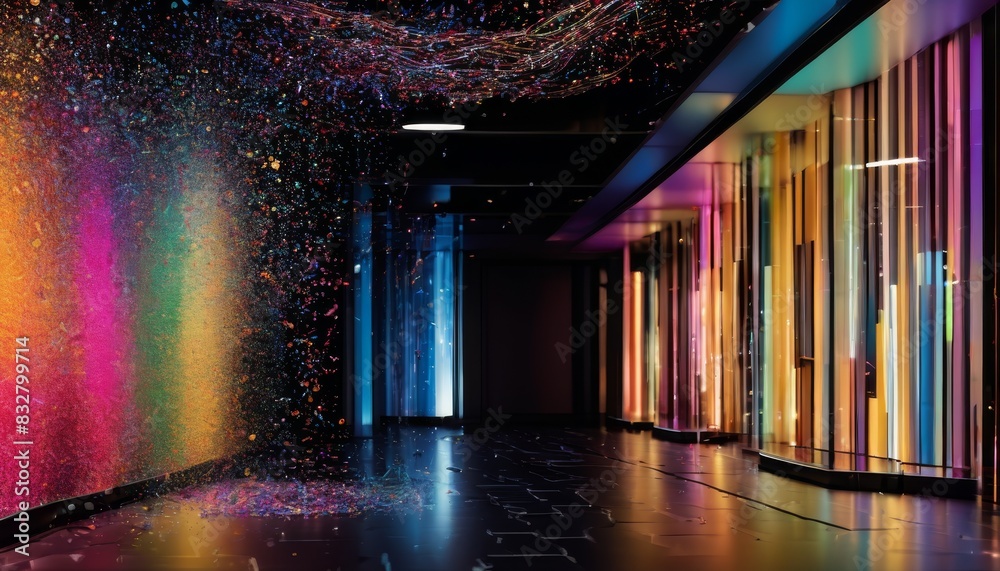A modern hallway adorned with multi-colored light installations and ...