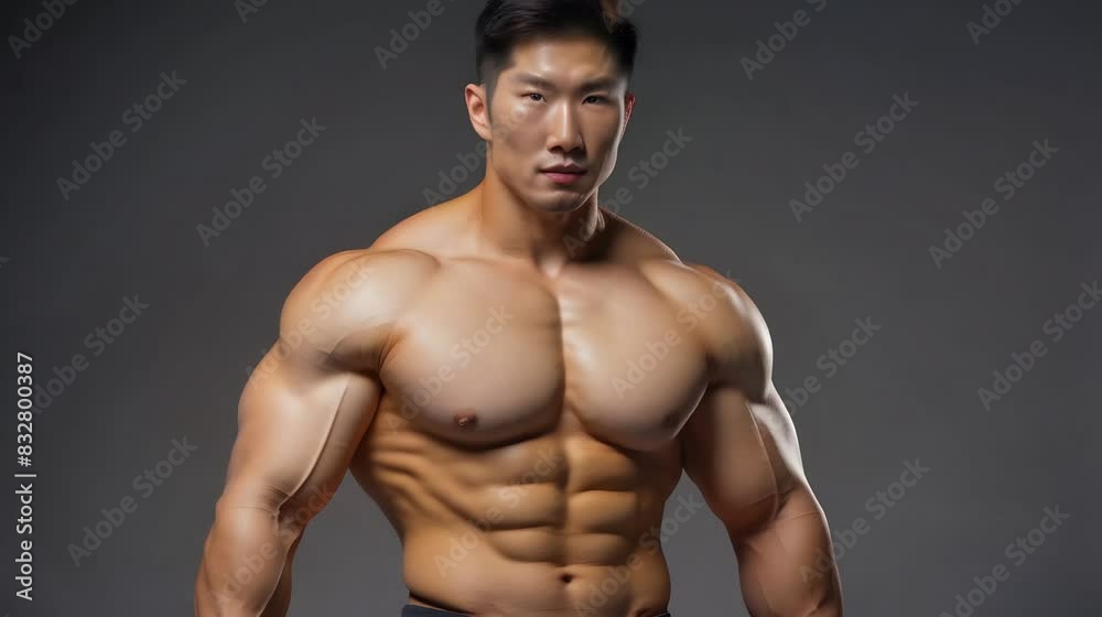 Big muscular asian bodybuilder shirtless shows off his body. Created ...